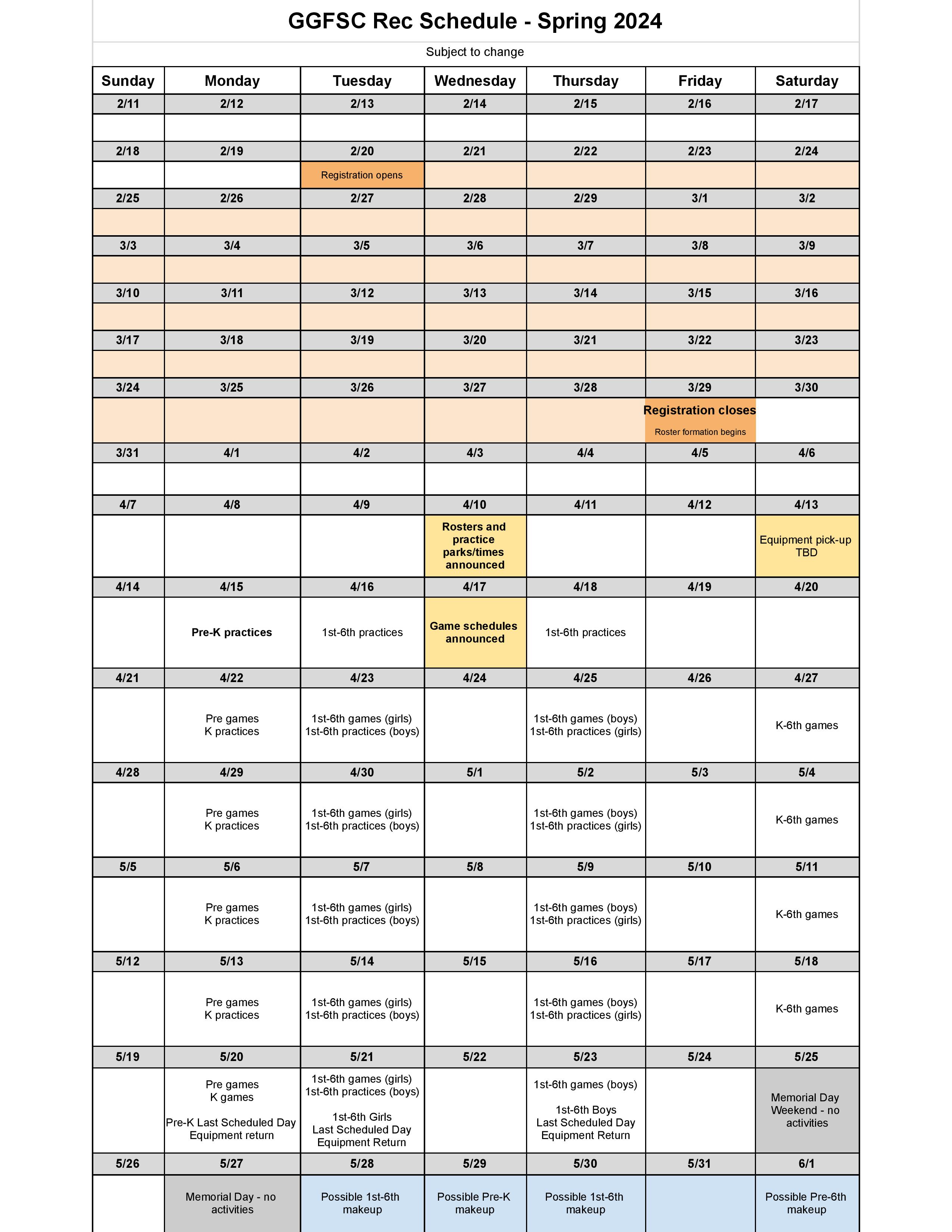 Rec Soccer Master Calendar